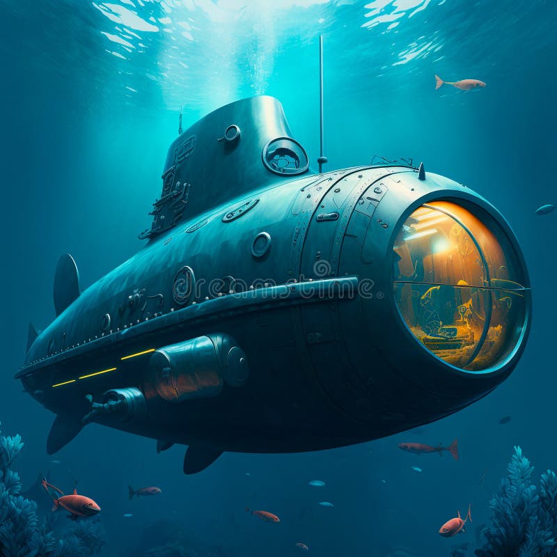 Technological Submarine, Nautilus in the Water Column, 3D Image Stock ...