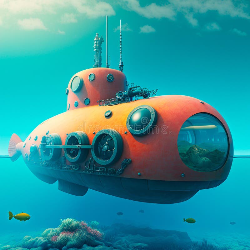 Technological Submarine, Nautilus in the Water Column, 3D Image Stock ...
