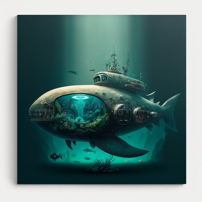 Technological Submarine, Nautilus in the Water Column, 3D Image Stock ...