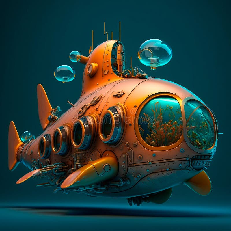 Technological Submarine, Nautilus in the Water Column, 3D Image Stock ...