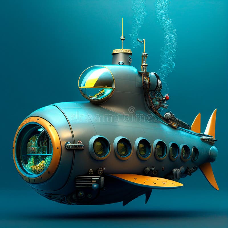 Technological Submarine, Nautilus in the Water Column, 3D Image Stock ...