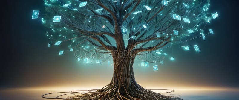 Technological Tree with Glowing Screens at Dusk Stock Image - Image of ...