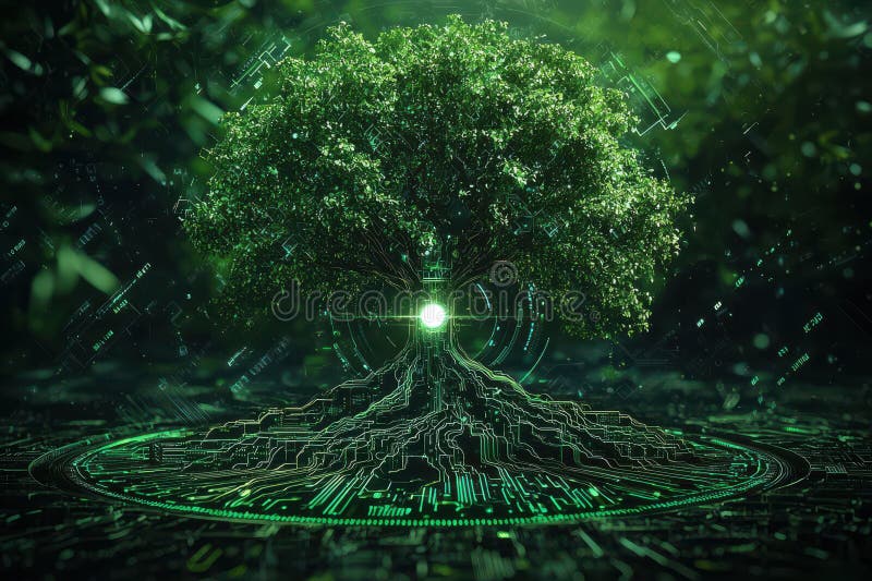 Technological Tree of Life with Vibrant Green Circuit Board Roots ...