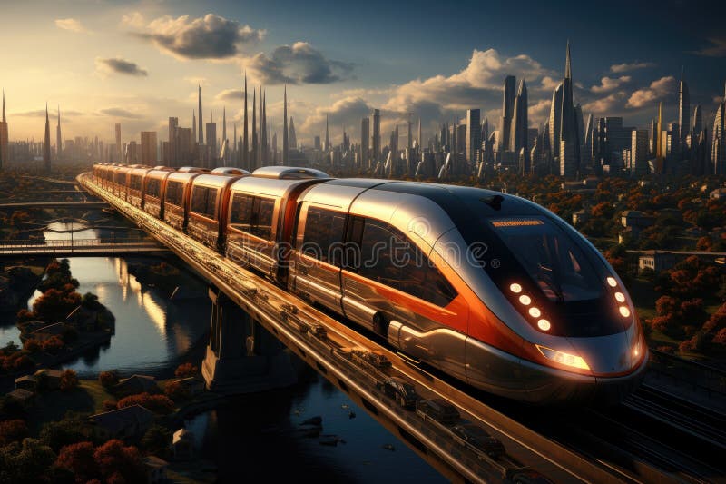 A Technological Urban Landscape with a High-speed Train Crossing a ...