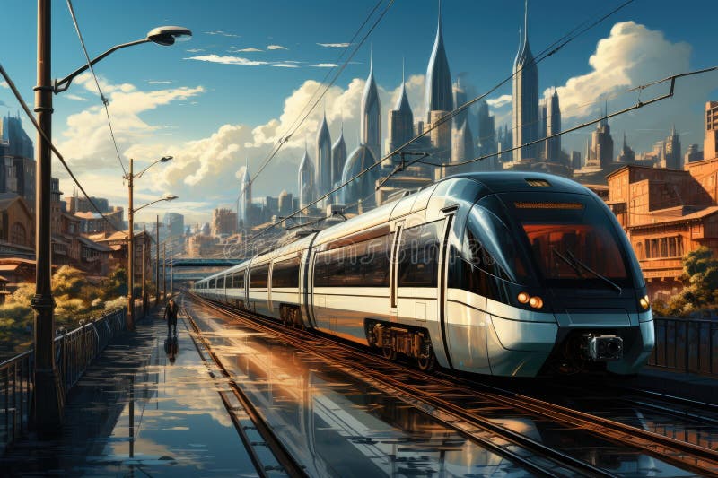A Technological Urban Landscape with a High-speed Train Crossing a ...