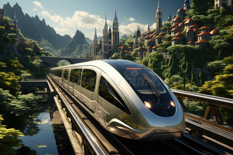 A Technological Urban Landscape with a High-speed Train Crossing a ...