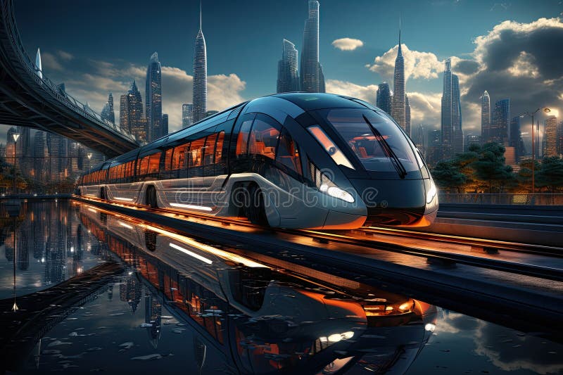 A Technological Urban Landscape with a High-speed Train Crossing a ...