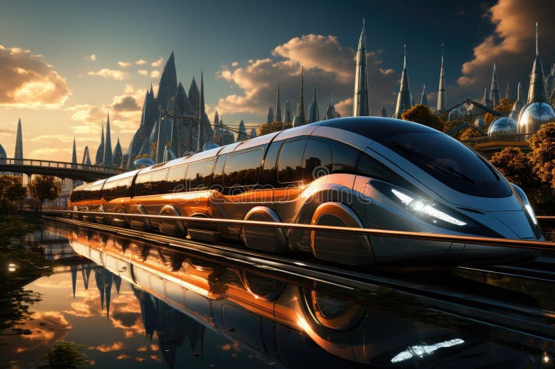 A Technological Urban Landscape with a High-speed Train Crossing a ...