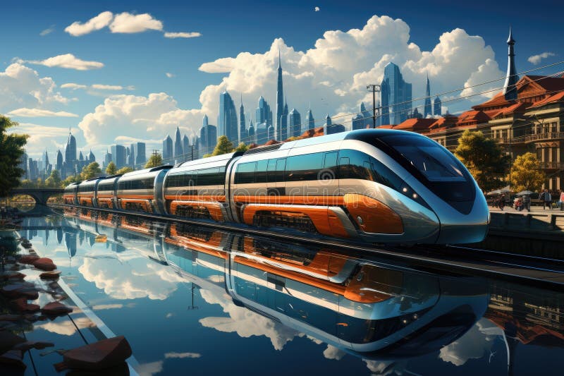 A Technological Urban Landscape with a High-speed Train Crossing a ...