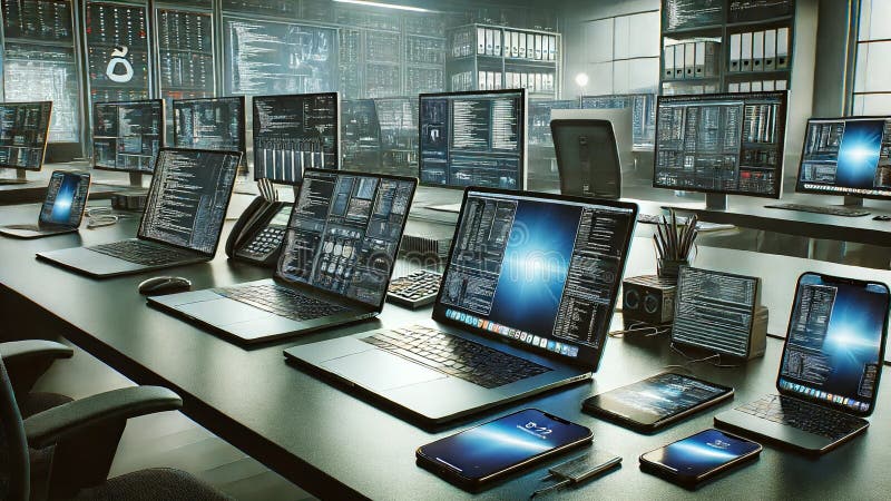 Technological Workspace with Laptops and Smartphones Stock Illustration ...