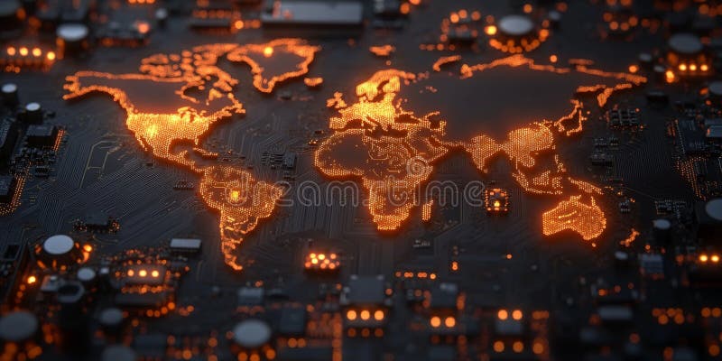 Technological World Map Design on a Motherboard with Glowing Circuitry ...