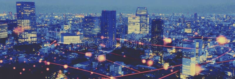 Technologically Advanced City with Red Network Lines Stock Illustration ...