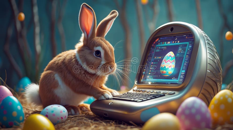 Easter Bunny Engrossed in a Virtual Game on an Egg-shaped Computer ...