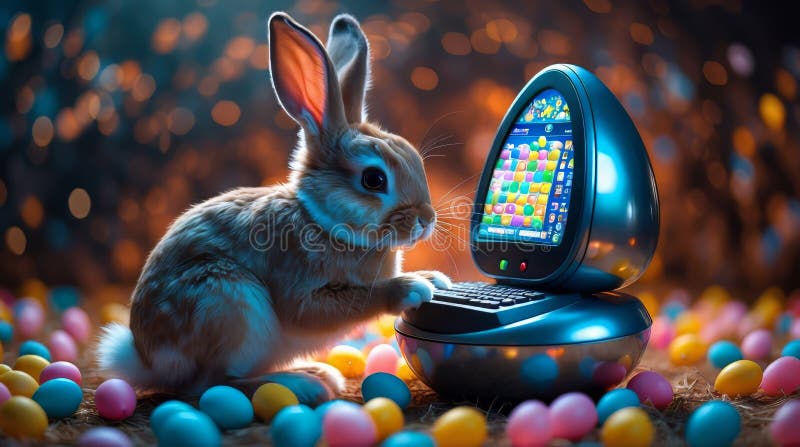 Easter Bunny Engrossed in a Virtual Game on an Egg-shaped Computer ...