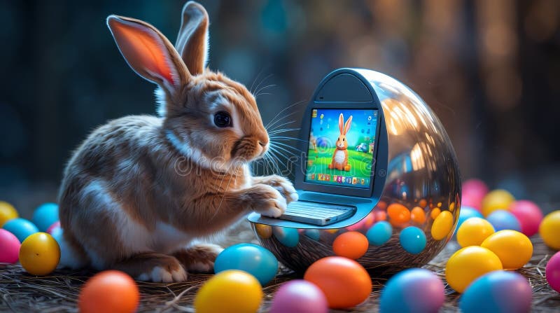 Easter Bunny Engrossed in a Virtual Game on an Egg-shaped Computer ...