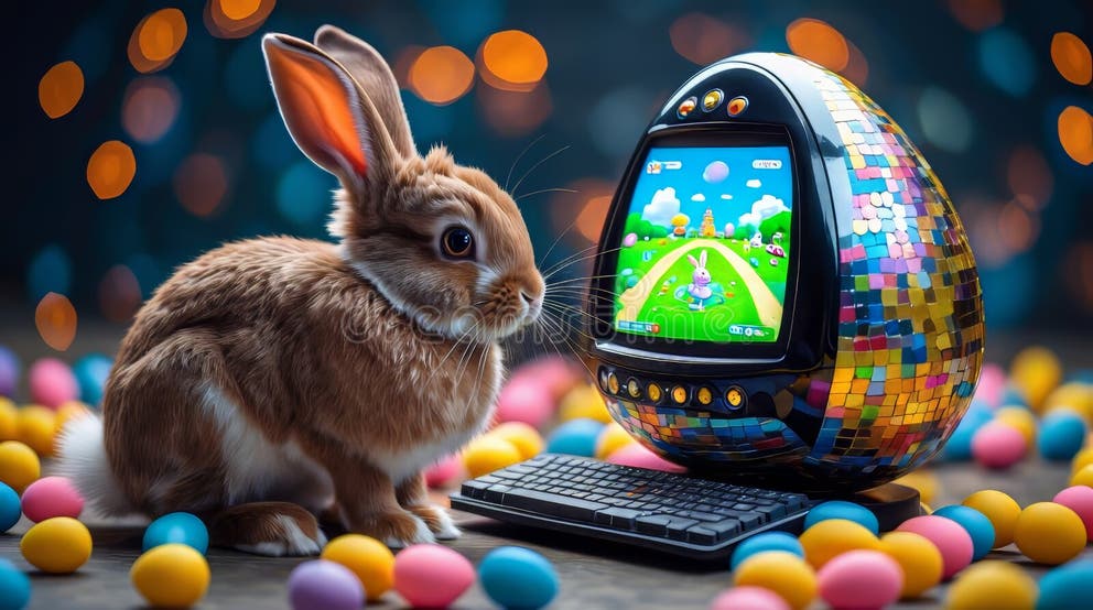Easter Bunny Engrossed in a Virtual Game on an Egg-shaped Computer ...