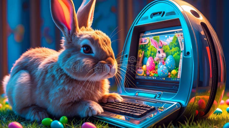 Easter Bunny Engrossed in a Virtual Game on an Egg-shaped Computer ...