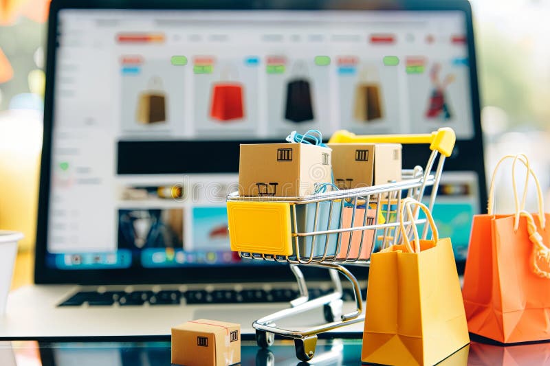 Technologically Advanced Online Shopping Setup with Colorful Cart Boxes ...
