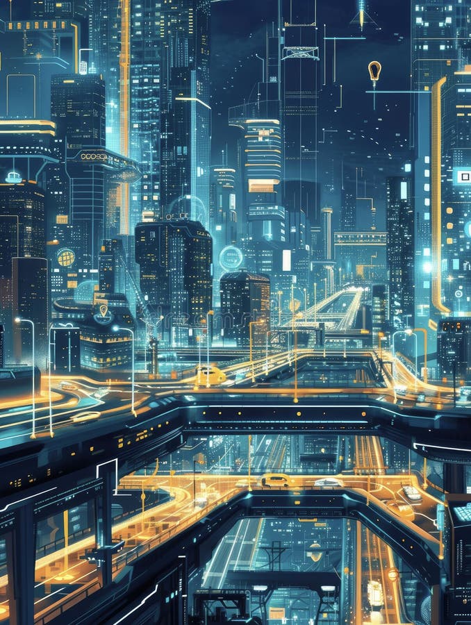 Futuristic Cityscape Illustration Showcasing IoT Enabled Infrastructure ...