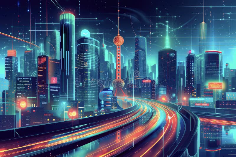 Nighttime Smart City Visualization Advanced Infrastructure and Digital ...