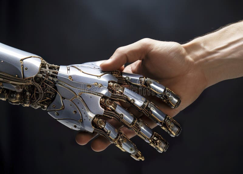 Technologies of the Future. Robot and Human Man Holding Hands with ...