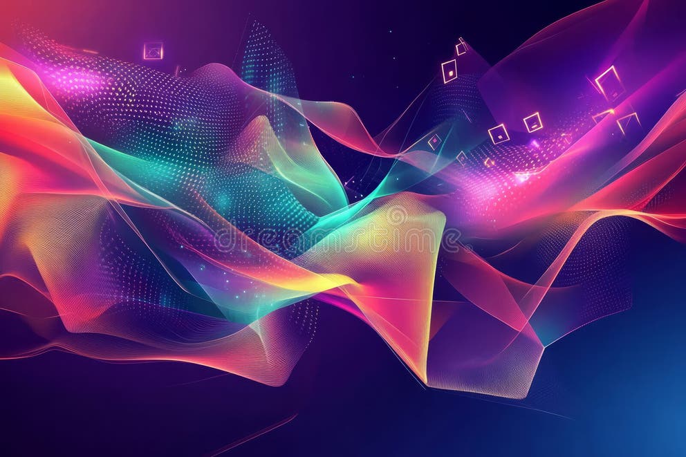 Technology, Abstract, Background Displaying a Dynamic Explosion of Glowing Geometric Shapes and ...