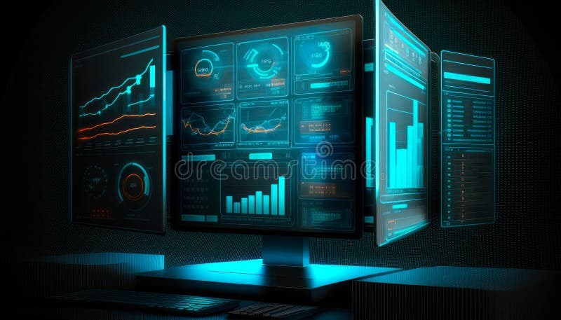 Desktop Computer Tech Analysis Multiple Monitors. Generative AI Stock Illustration ...