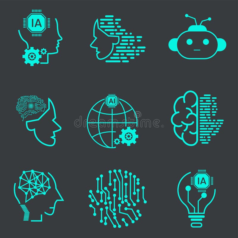 Technology of Artificial Intelligence Vector Line Icons Set. Face ...