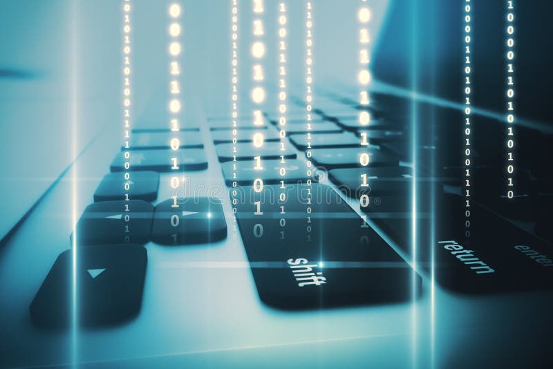 Background with Digital Coding Numbers on Blurry Modern Laptop Keyboard ...