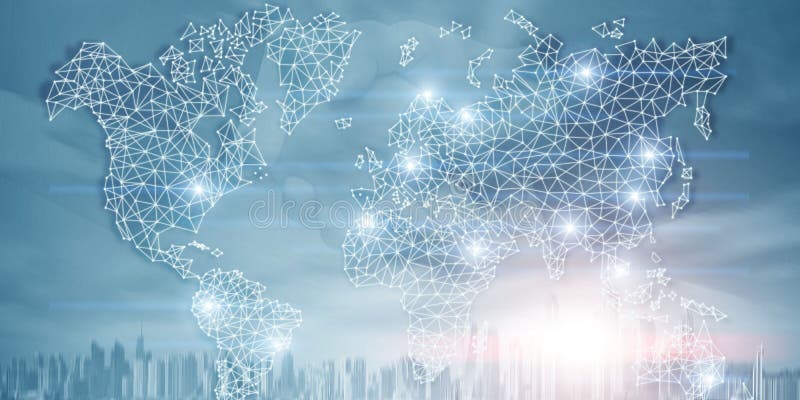 Technology Background. Global World Map on Virtual Screen. Mixed Media ...