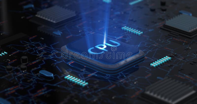 Technology Background. a Glowing CPU on a Motherboard Stock ...