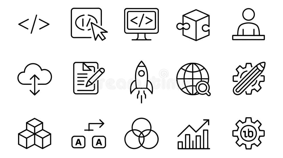 Technology and Business Icons Including Code Cloud Rocket and Graph Coding Computer Stock ...
