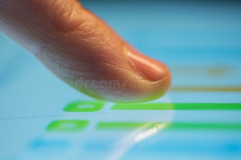Close Up of Hand Using Computer Touch Screen Stock Photo - Image of ...