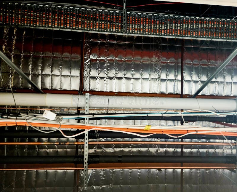 Technology Ceiling with Cables and Orange Ventilation Wires Stock Photo ...