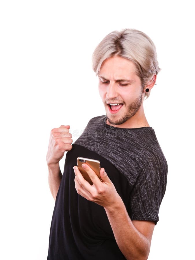 Happy Man Using Mobile Phone Read Message Stock Photo - Image of ...