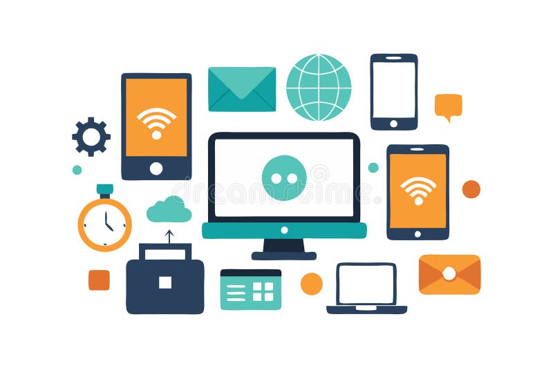 Technology and Communication Icons with Devices and Speech Bubbles ...