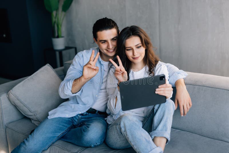 Technology, Communication and People Concept - Smiling Happy Couple ...