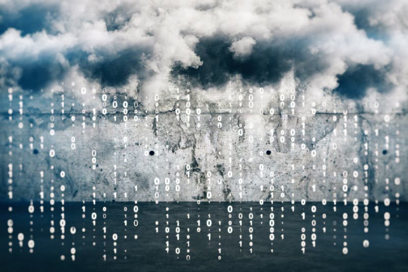 Technology Concept With Clouds And Binary Code Rain Stock Illustration ...