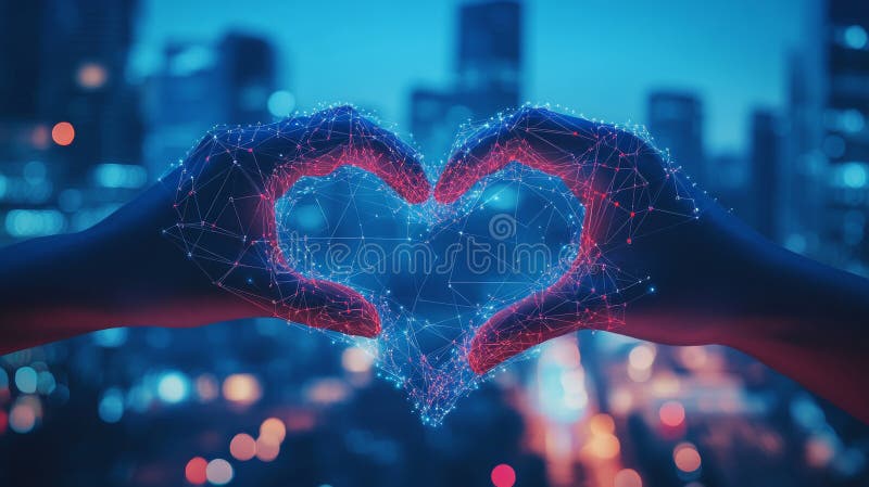 Technology Concept Featuring Heart-Shaped Hands and a Soft Digital ...