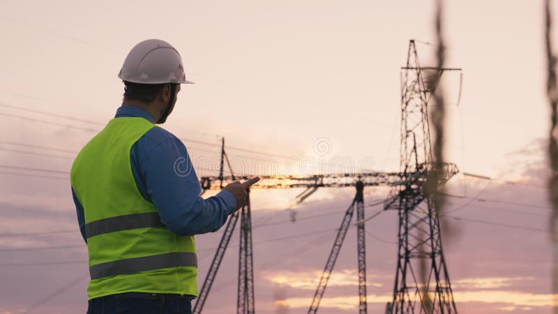 Technology Concept with High Voltage Power Lines. Electrical Engineer ...