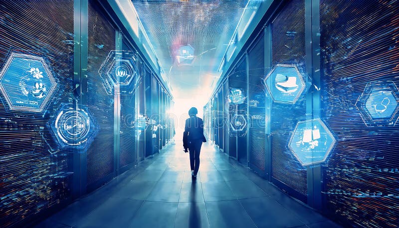 Technology Concept Icons and Walking Along the Corridor Stock ...