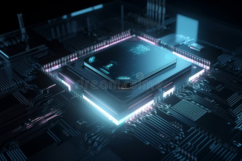 Technology Concept a Microchip. White Neon Data Flows between the CPU ...