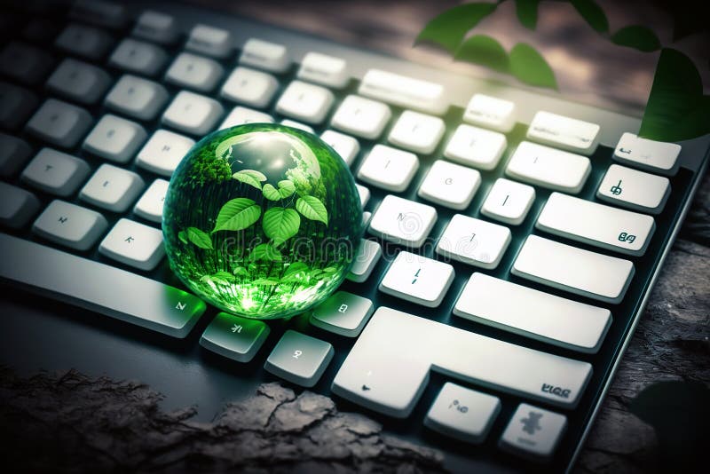Technology with the Concept of Nature. Laptop Keyboard with Green Globe ...