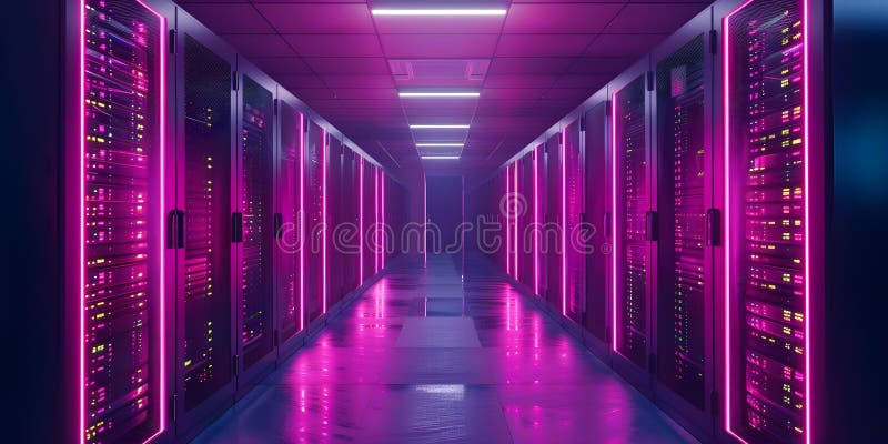 Technology Concept with Operational Server Racks in Dark Neonlit Data ...