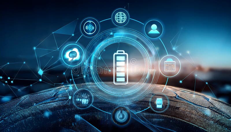 Technology Concept Social Icons and Success with Battery Symbol Stock ...