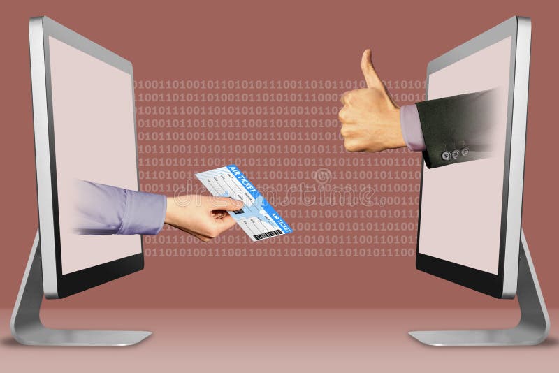Technology Concept, Two Hands from Computers. Air Ticket and Thumbs Up ...