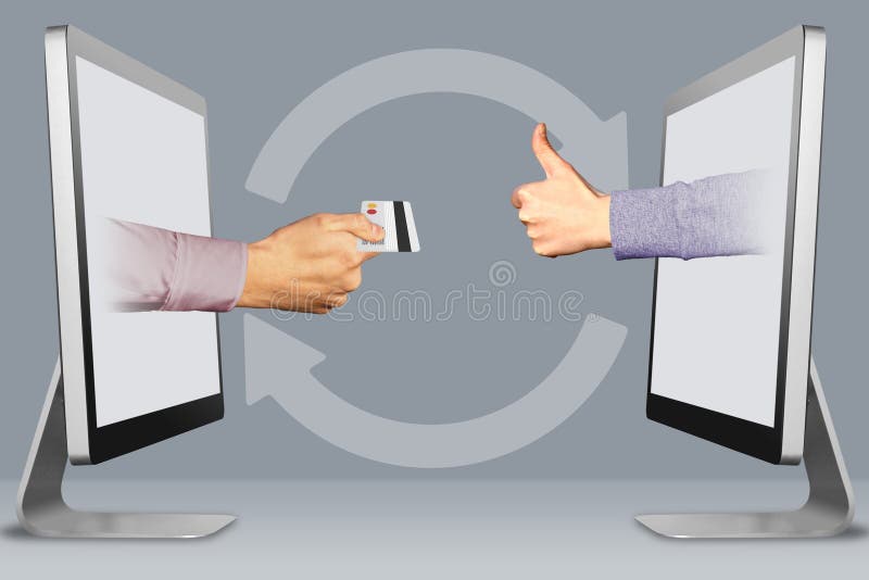 Technology Concept, Two Hands from Computers. Hand with Credit Card and ...