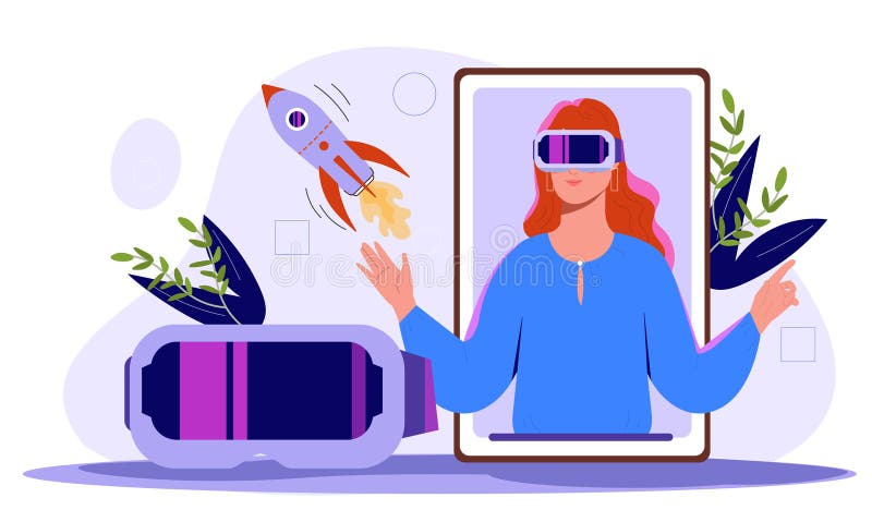 Technology Concept. Woman Wearing Virtual Reality Goggles with Floating ...