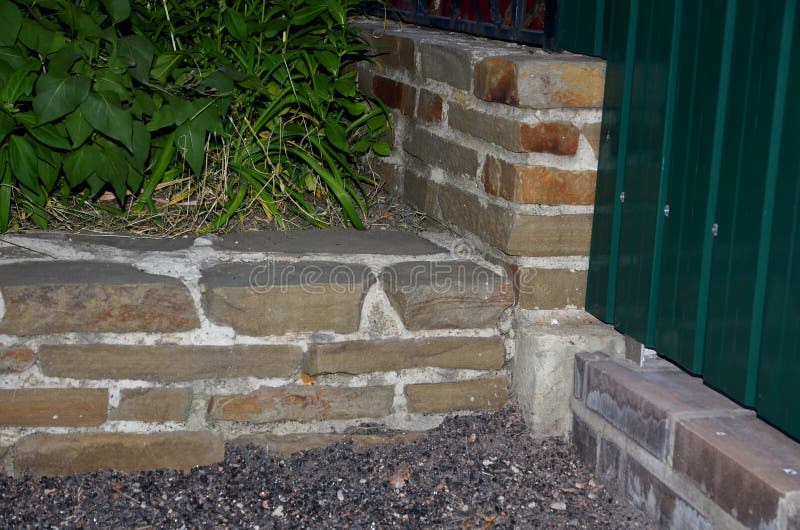 Connection of Two Stone and Brick Foundations. Stock Image - Image of ...