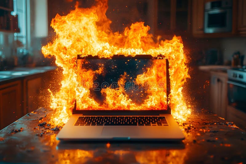 Technology Crisis Concept: Laptop Engulfed in Flames in Kitchen Setting ...